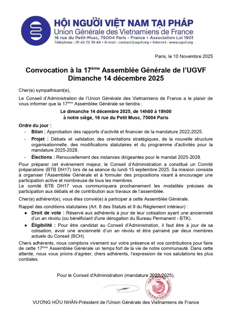Convocation à la 17ème Assemblée Générale de l’UGVF – UGVF